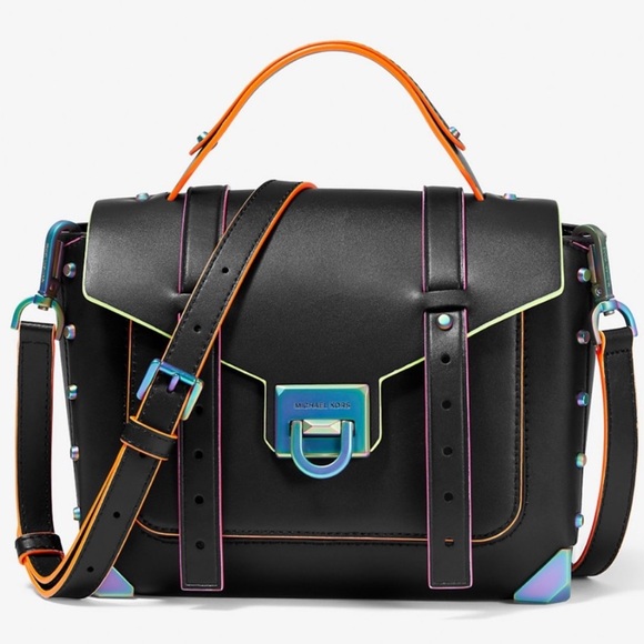 Michael Kors | Bags | Michael Kors Manhattan Black Satchel With Neon ...